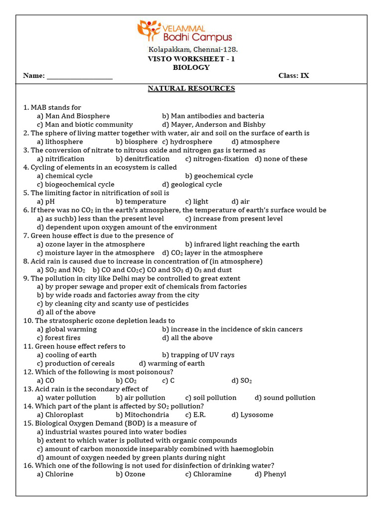Natural Resources Biology Worksheet IX | PDF | Soil | Ozone