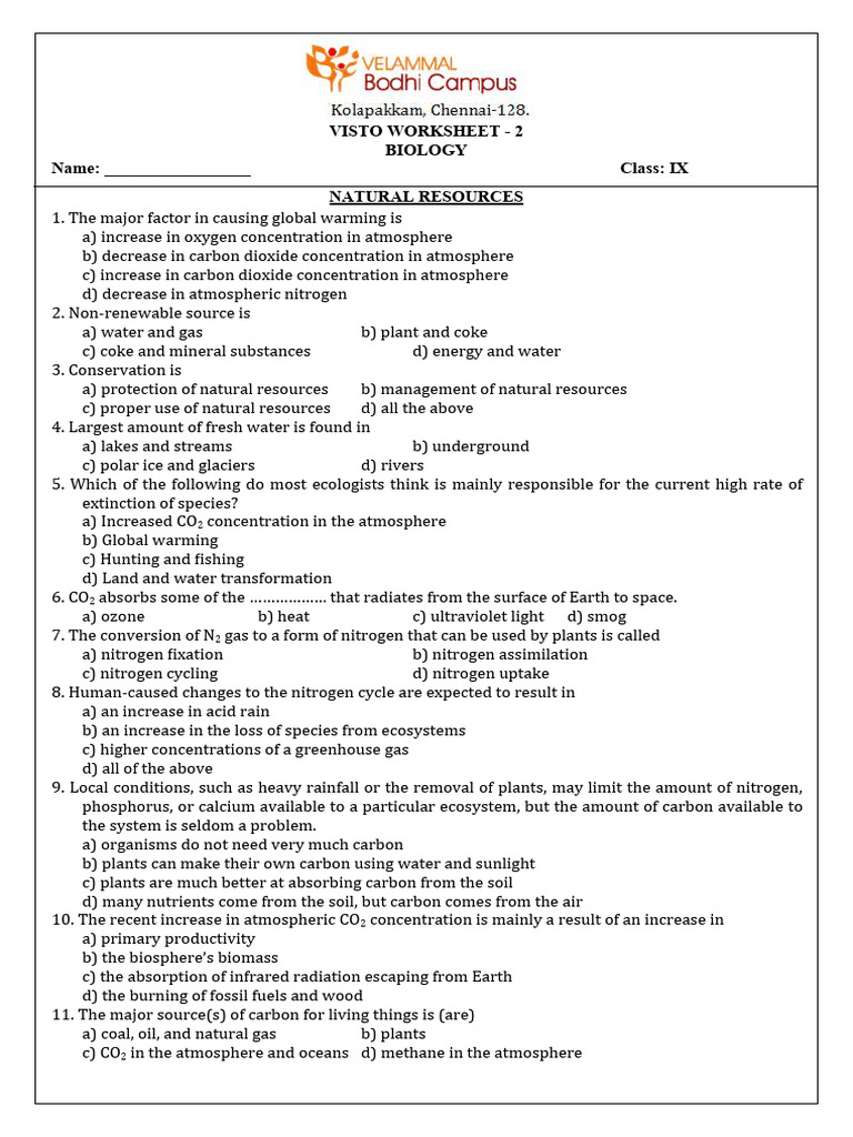 IX Biology (Natural Resources) WS-2 | PDF | Atmosphere | Carbon Dioxide