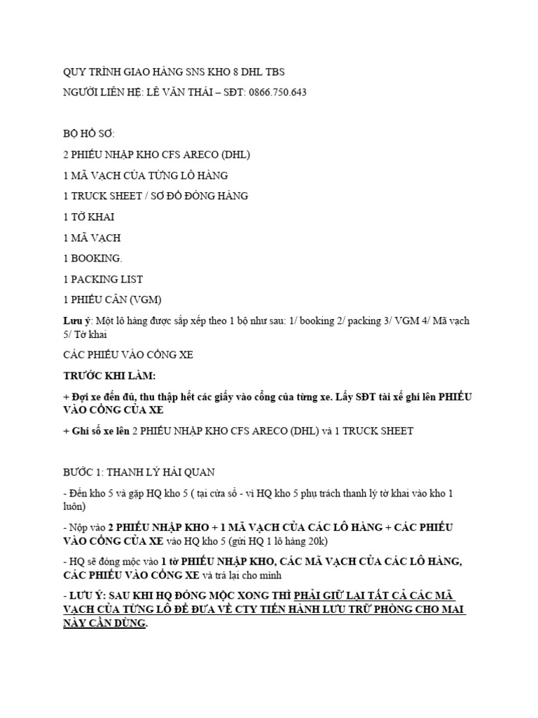 Kho 7-8 DHL Tbs Quy Trình Giao Hàng | PDF