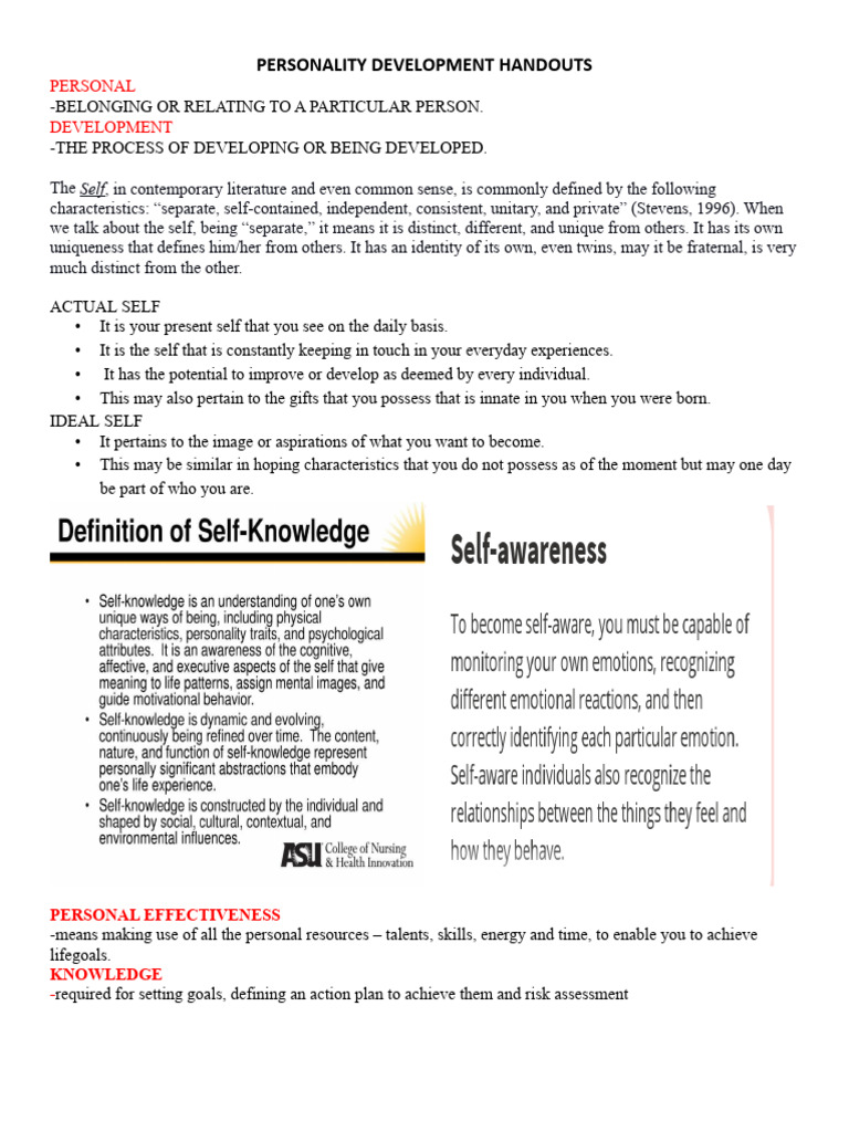 Personality Development Handouts | PDF | Self Concept | Goal