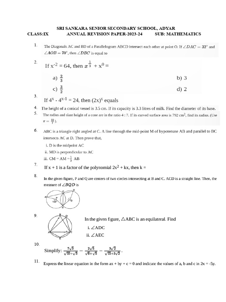 9 Ae Math Rev-Paper-2023-24 | PDF | Teaching Methods & Materials