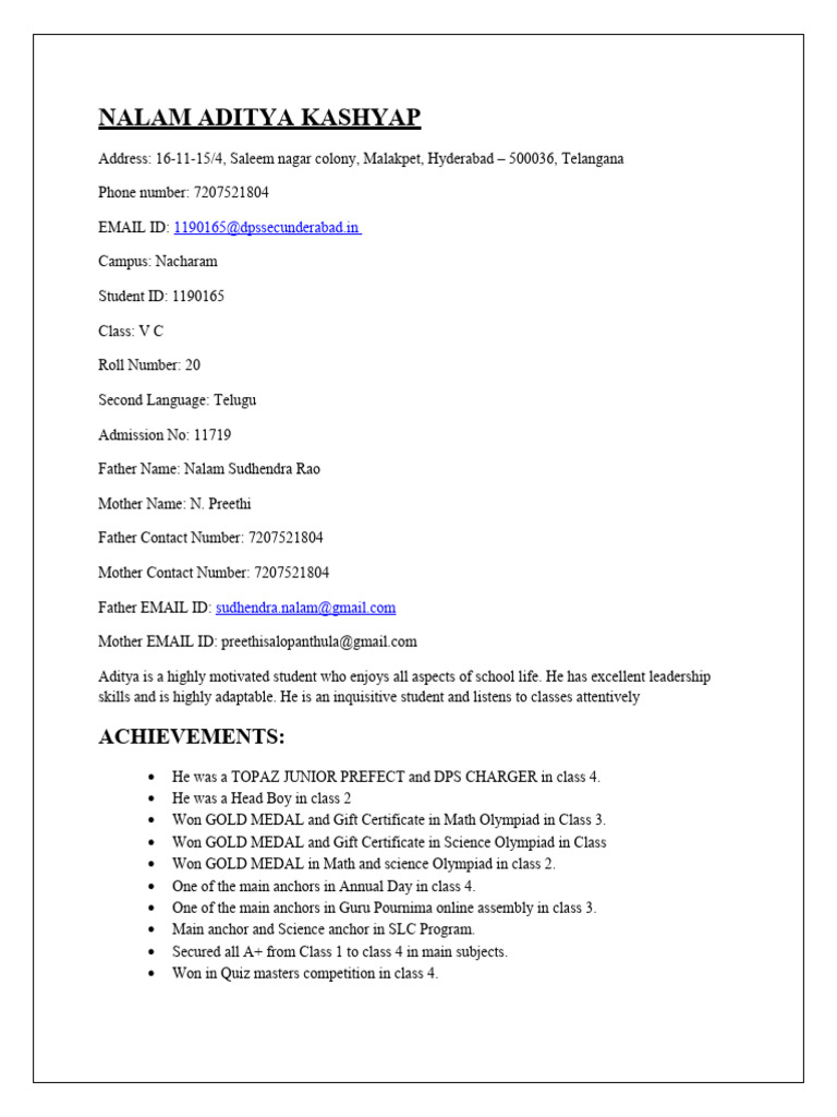 Aditya Kashyap's Academic Achievements | PDF