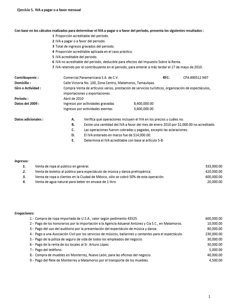 Ejercicio 5. IVA A Pagar o A Favor Mensual | PDF | Impuesto al valor agregado | Impuesto sobre ...