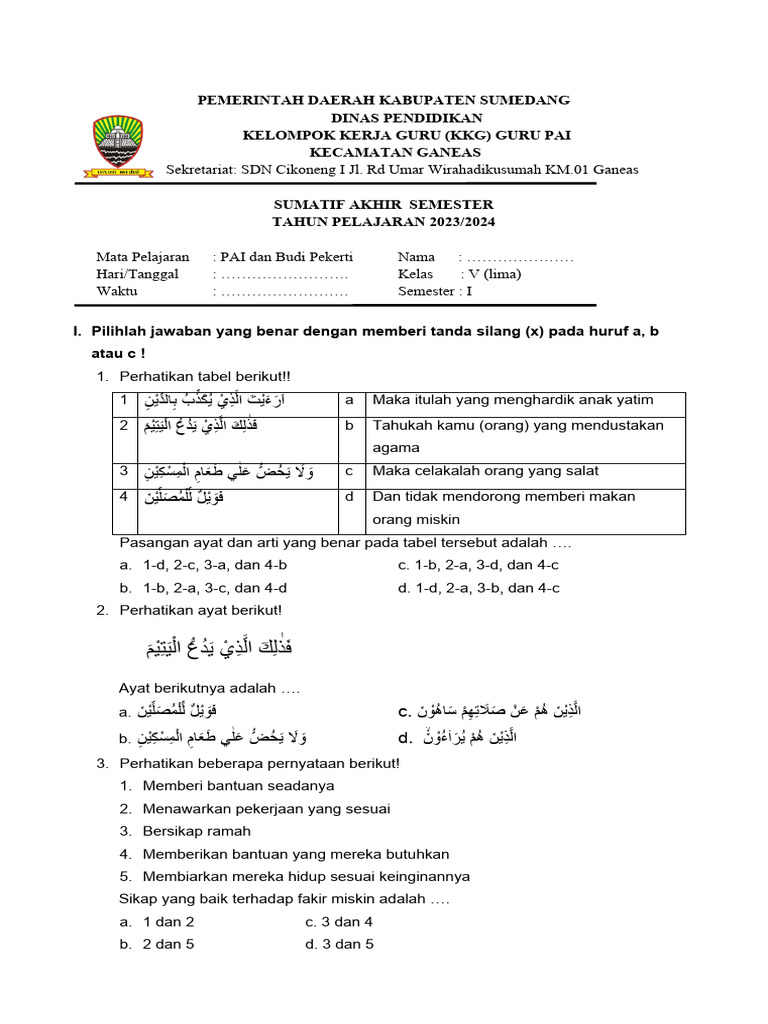 Soal Sumatif PAI Kelas V 2023/2024 | PDF | Seni & Disiplin Bahasa ...