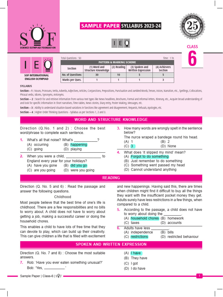 Ieo Sample Paper Class-6 | PDF