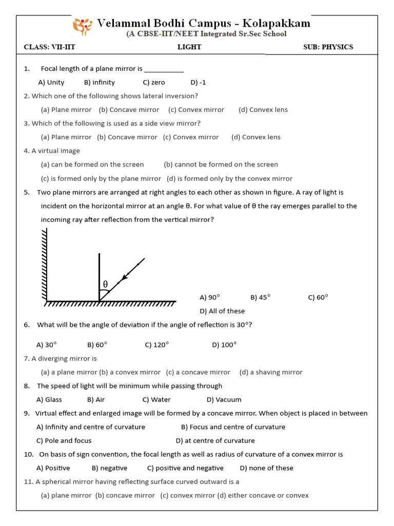 Light Work Sheet | PDF | Mirror | Electrodynamics