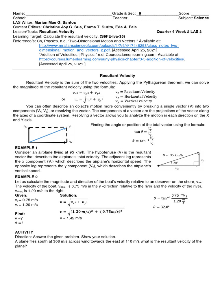 Resultant Velocity Calculation Guide | PDF | Velocity | Euclidean Vector