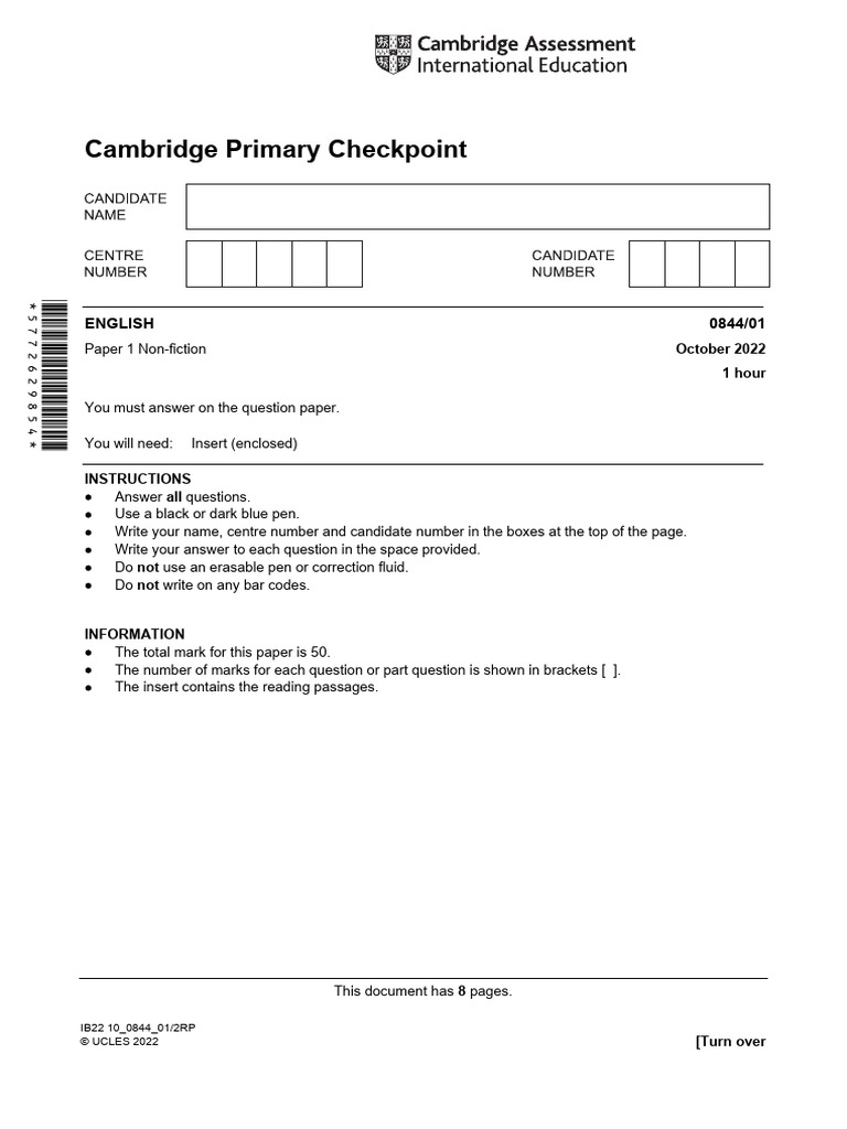 Cambridge Primary Checkpoint: English 0844/01 | PDF | Copyright