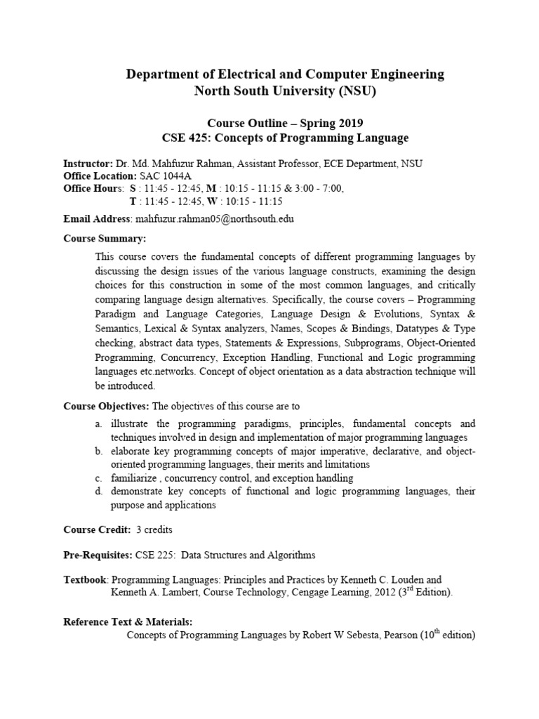 CSE425 CourseOutline | PDF | Programming Language | Computer Programming