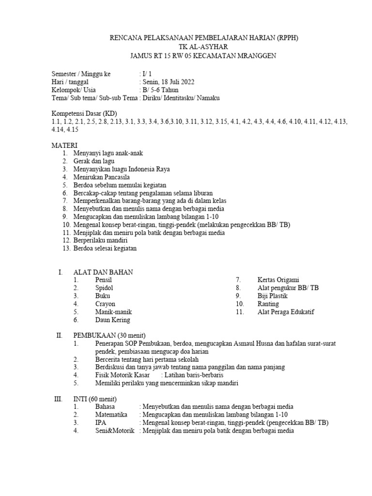 RPPH TK B: Identitasku dan Nama | PDF