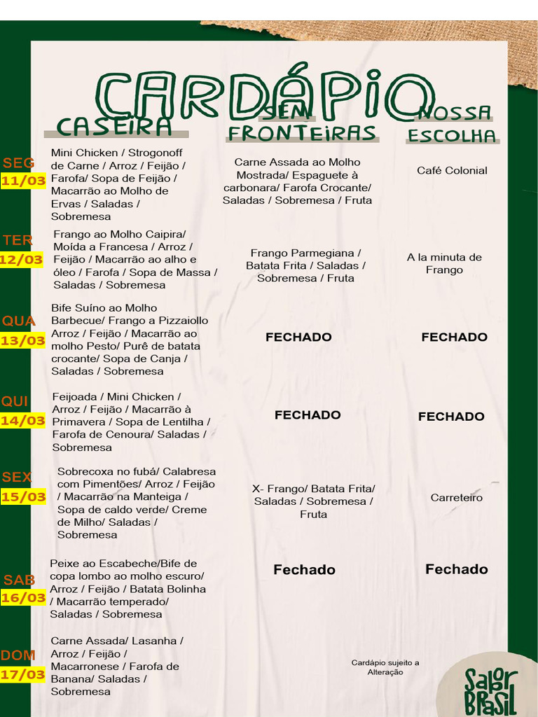 Cardápio - Semanal - Sabor Brasil 11.03.24 A 17.03.24 | PDF