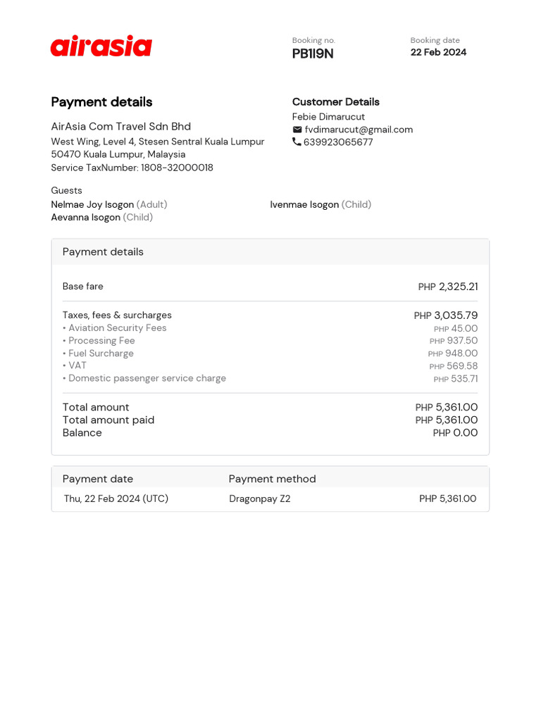 AirAsia Payment Confirmation Details | PDF