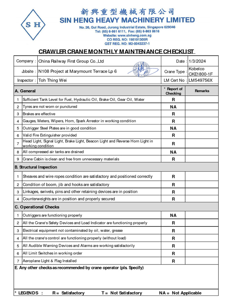 Crawler Crane Monthly Maintenance Checklist | PDF | Crane (Machine ...