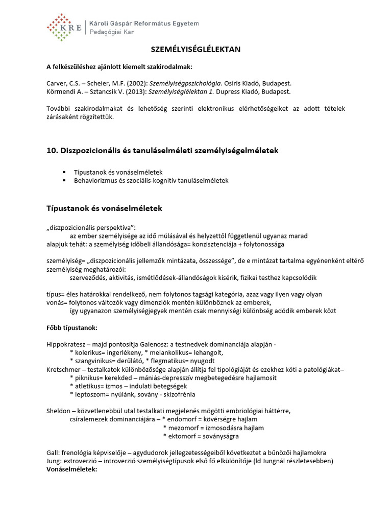 001 - Személyiséglélektan Összegzés A Pszich Szigorlat Tételei Nyomán | PDF