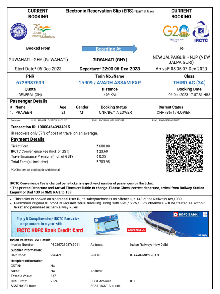 Avadh Assam Exp Third Ac (3A) : Current Booking Electronic Reservation ...