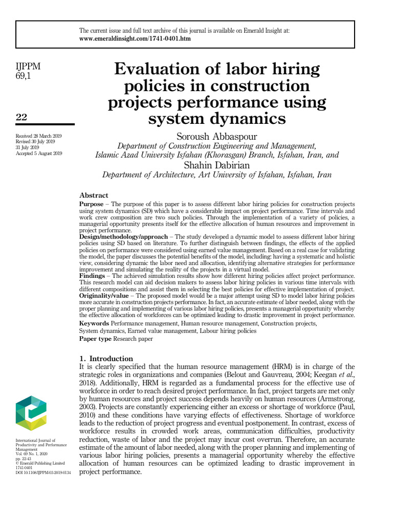 Evaluation of Labor Hiring Policies in Construction Projects Performance Using System Dynamics ...