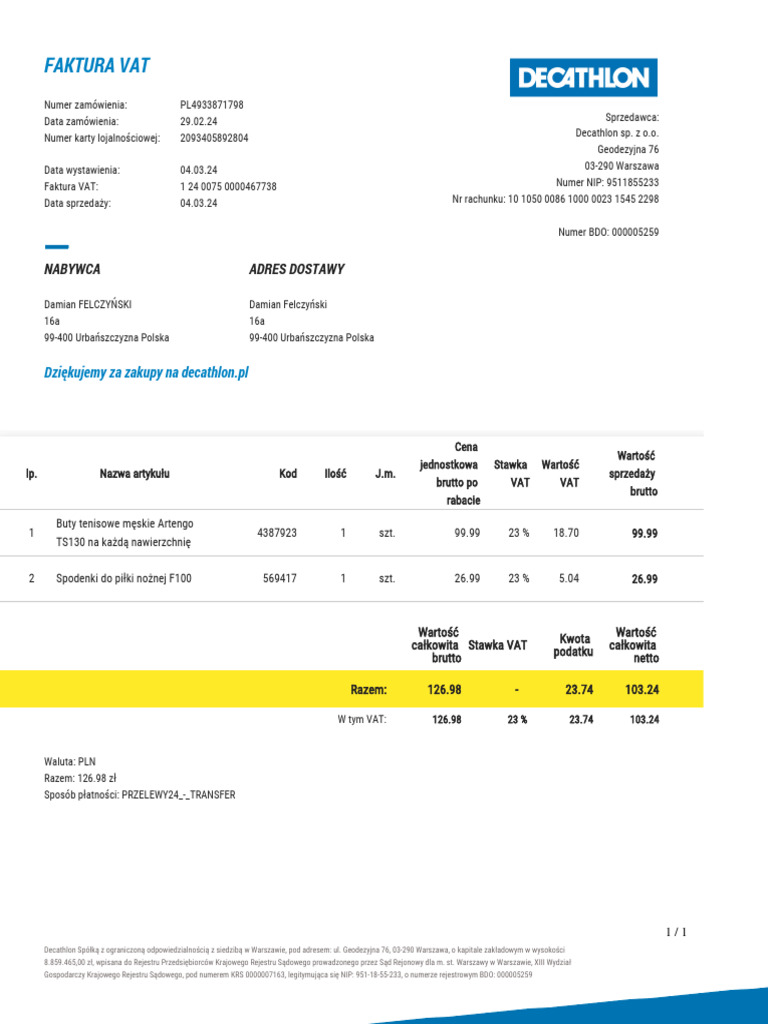 Decathlon Invoice 12400750000467738 | PDF