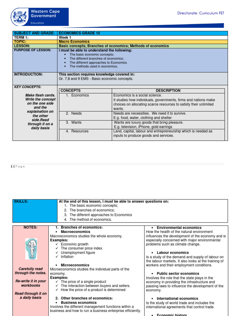 Economics Grade 10 Term 1 Week 1 - 2021 | PDF