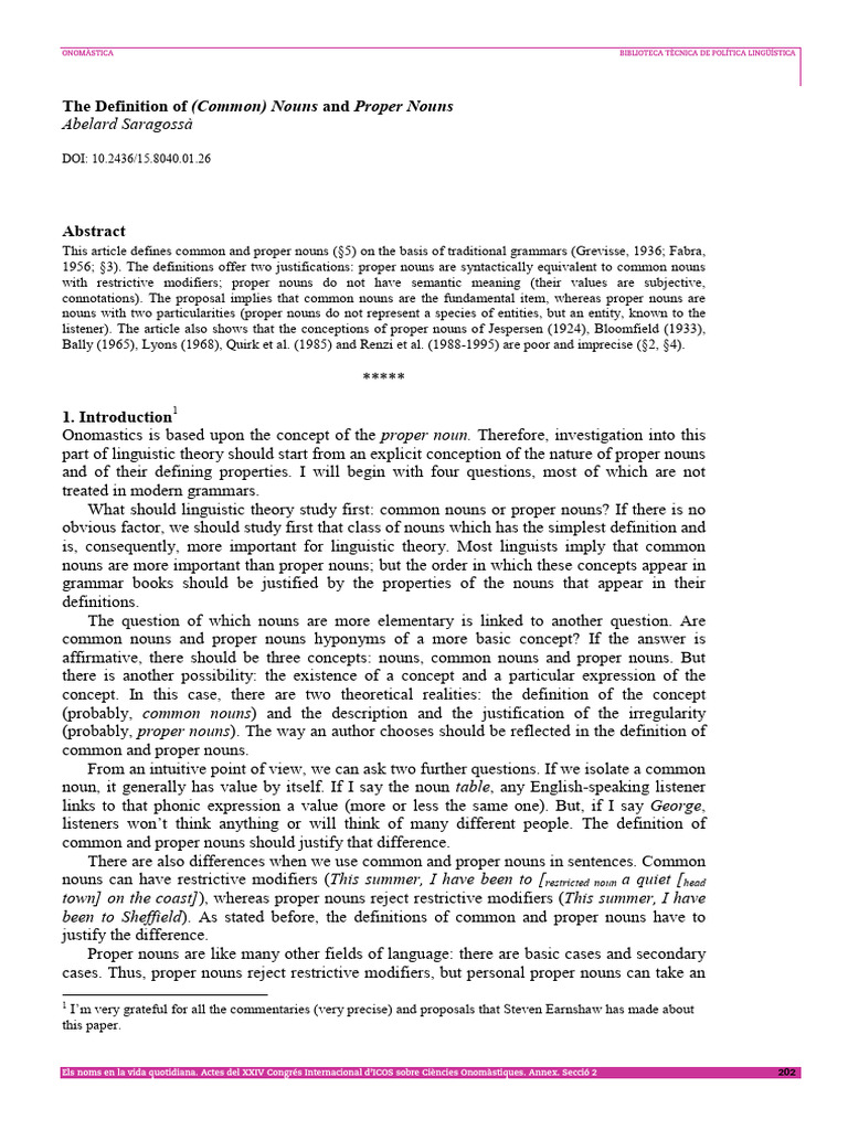 The Definition of Common Nouns and Prope | PDF