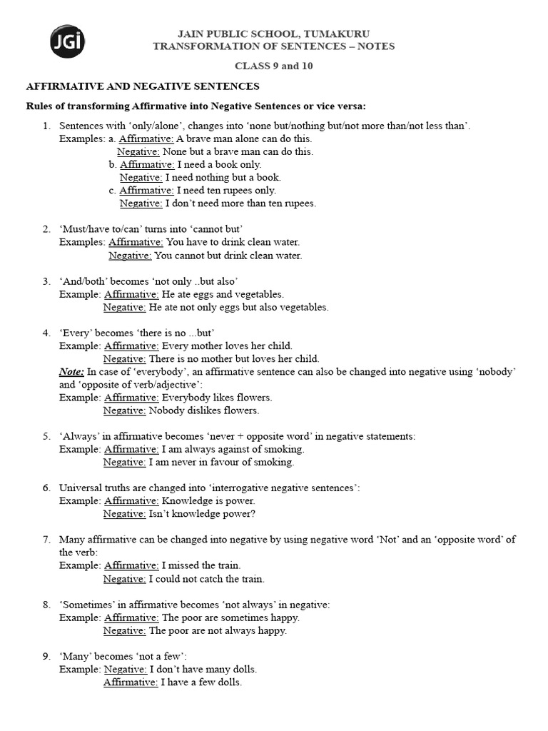 Transformation of Sentences Notes 9 and 10 | Download Free PDF | Clause ...