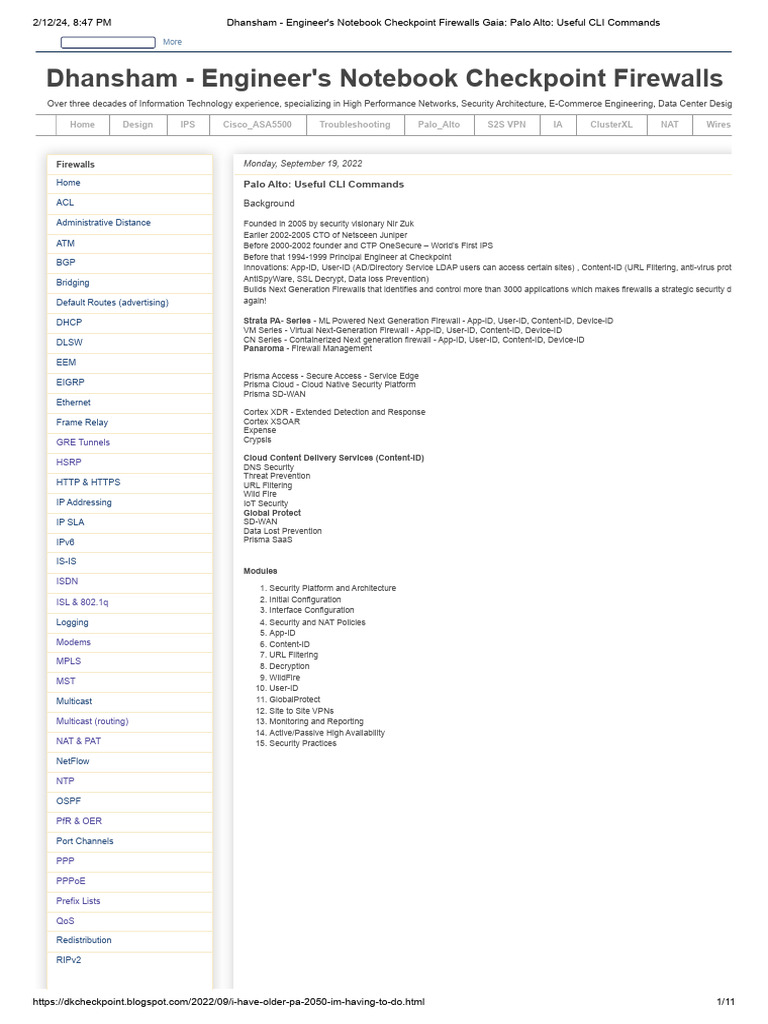 Dhansham - Engineer's Notebook Checkpoint Firewalls Gaia - Palo Alto - Useful CLI Commands | PDF ...