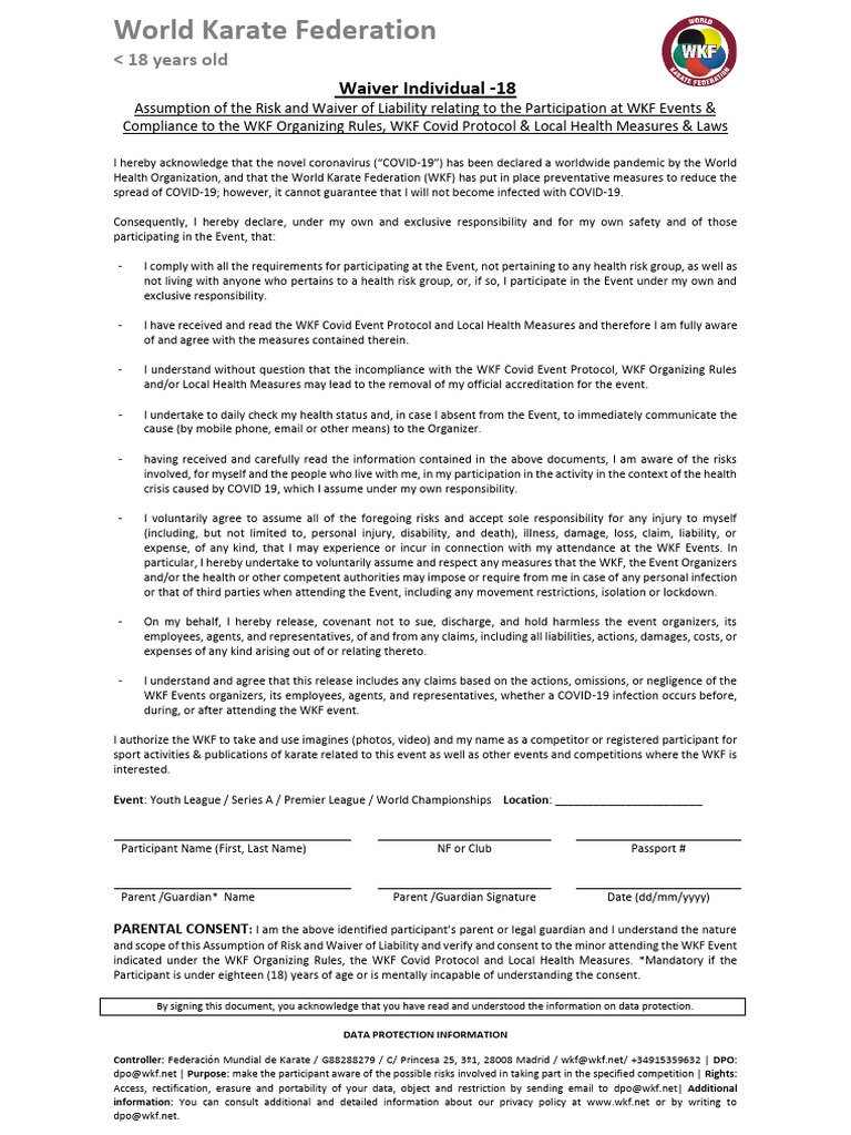WKF Waiver Individual-18 | Download Free PDF | Karate | Martial Arts ...