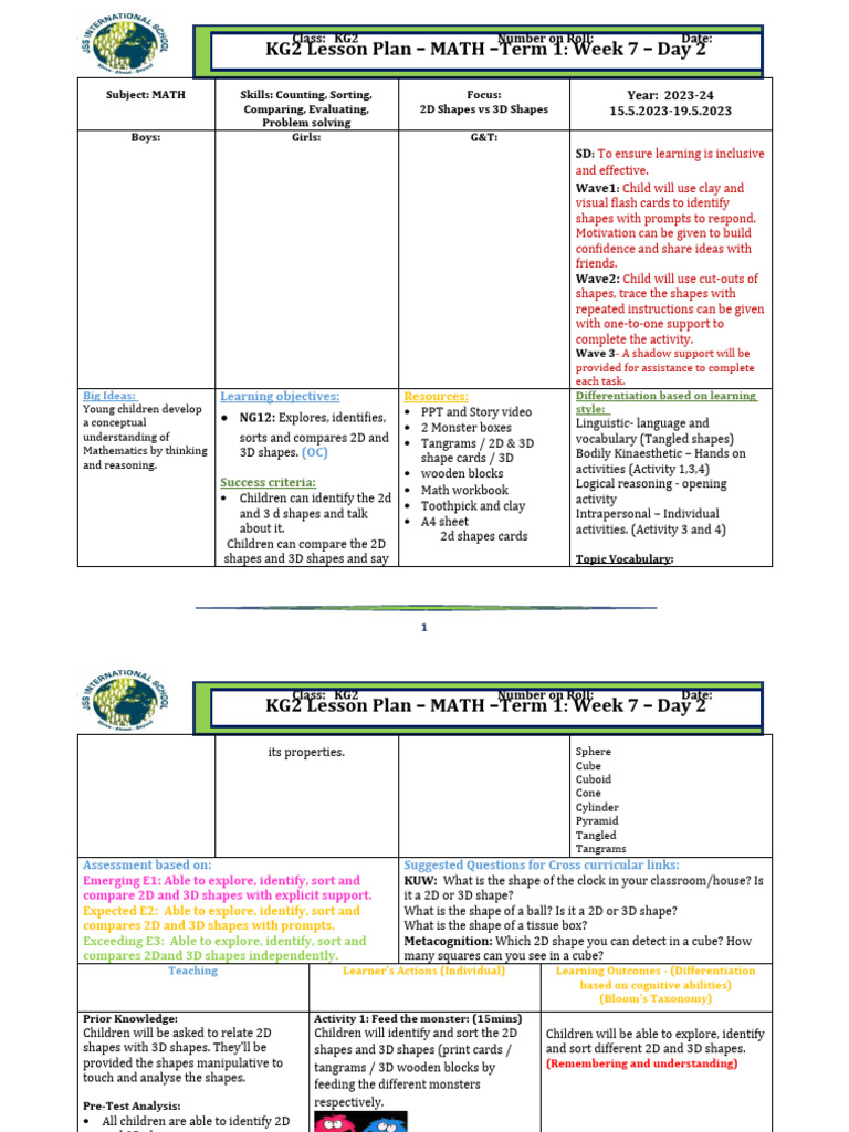 T1 - Week 7 - Day 2 - 2D Vs 3D Shapes | Download Free PDF | Learning ...