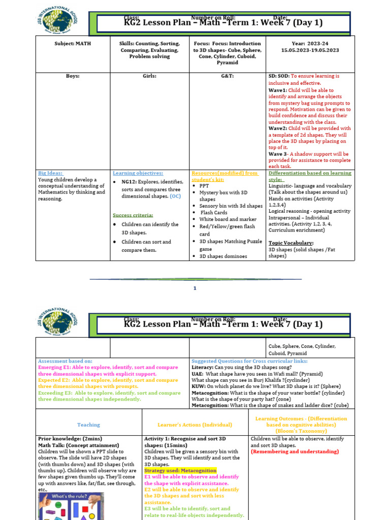 KG2 Math: Exploring 3D Shapes | PDF | Learning | Shape
