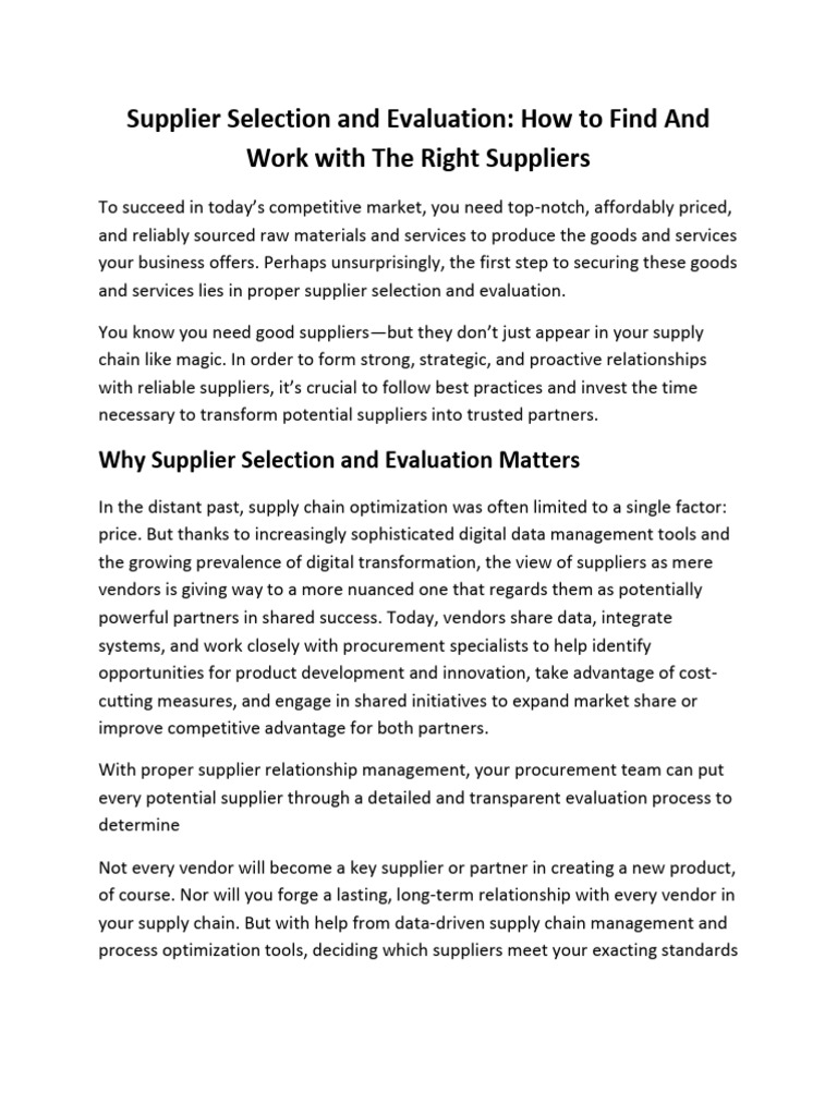 Supplier Selection & Evaluation Guide | PDF | Supply Chain | Procurement