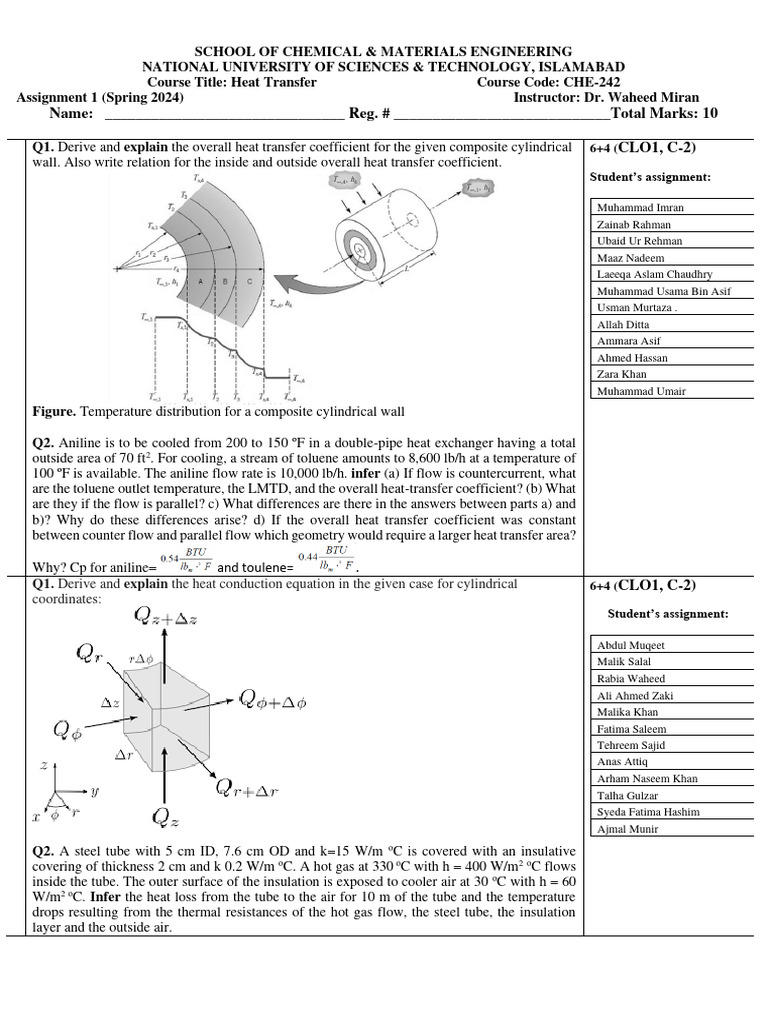 Heat Transfer Assignment 1 CHE15A | PDF | Heat Transfer | Thermal Insulation