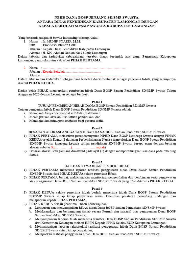 NPHD Dana BOSP SD/SMP Swasta 2023 | PDF | Pengelolaan Keuangan & Uang | Ilmu Sosial