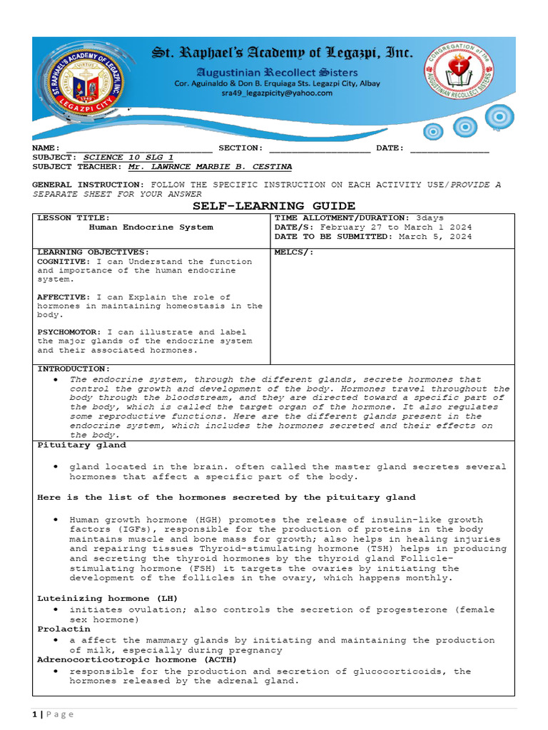 Science 10 SLG1 | PDF | Adrenal Gland | Luteinizing Hormone