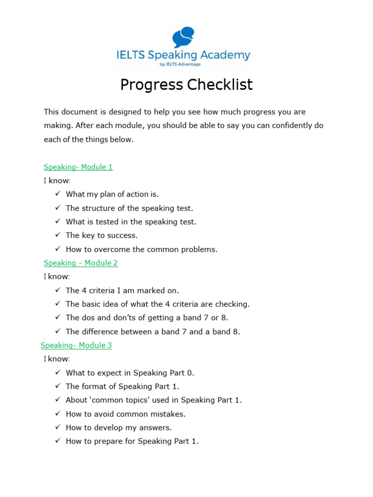 Speaking Progress Checklist | PDF | Fluency | Grammar