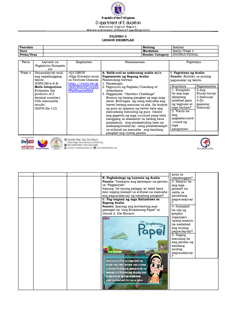 Lesson Exemplar Filipino 5 w4 Instructional | PDF