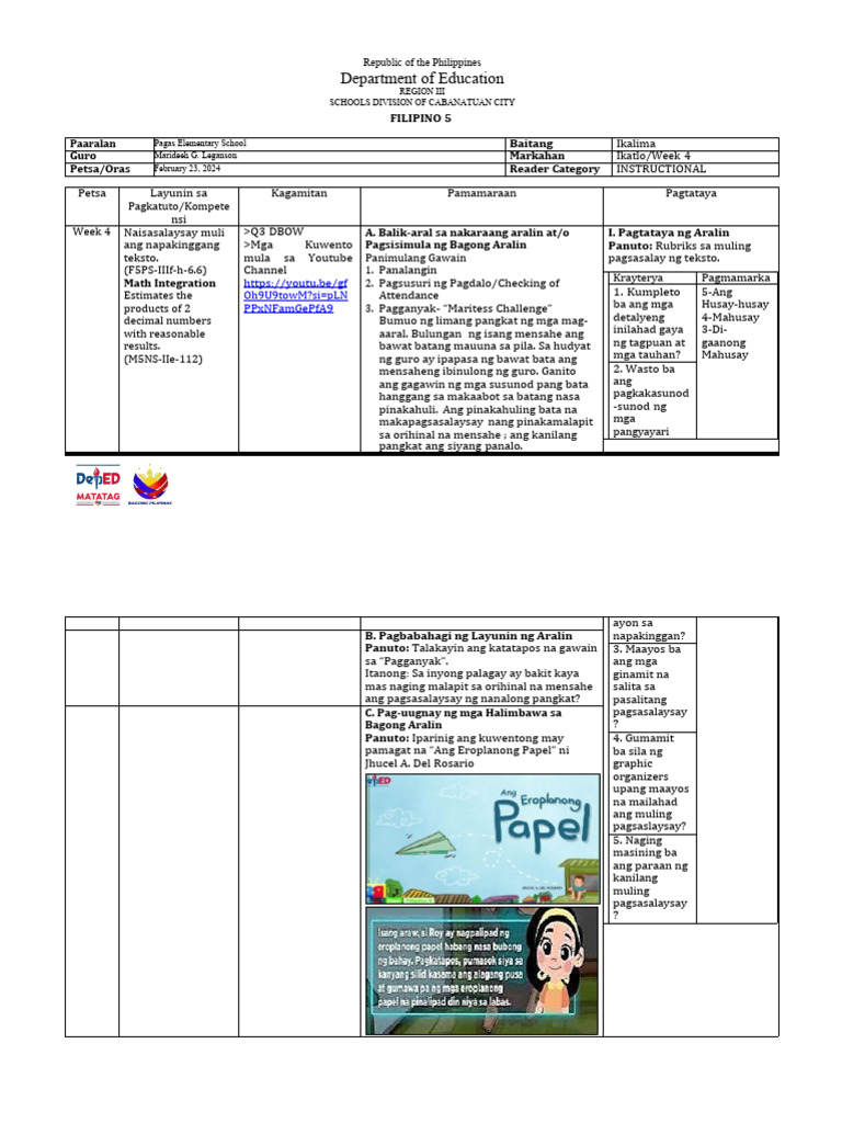 Lesson Exemplar Filipino 5 w4 Instructional | PDF
