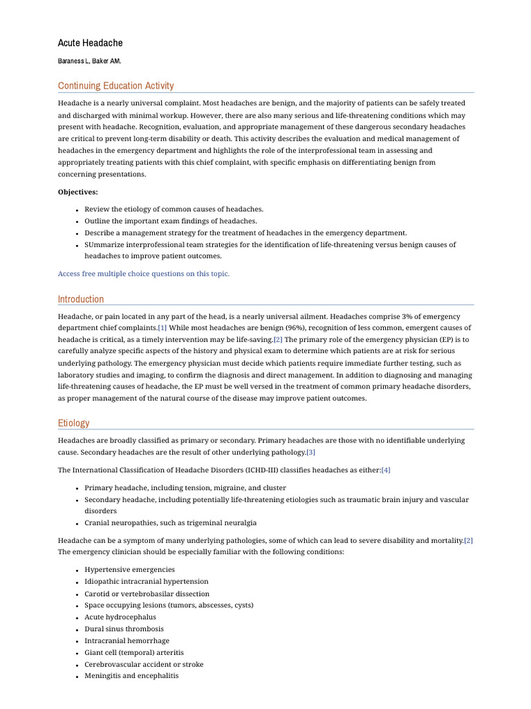 Acute Headache - StatPearls - NCBI Bookshelf | PDF | Headache ...