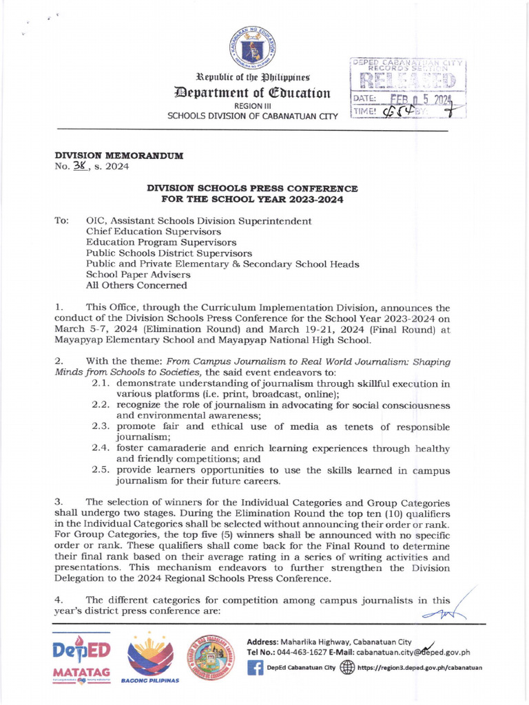 DM No. 38 S. 2024 DIVISION SCHOOLS PRESS CONFERENCE FOR THE SCHOOL YEAR ...