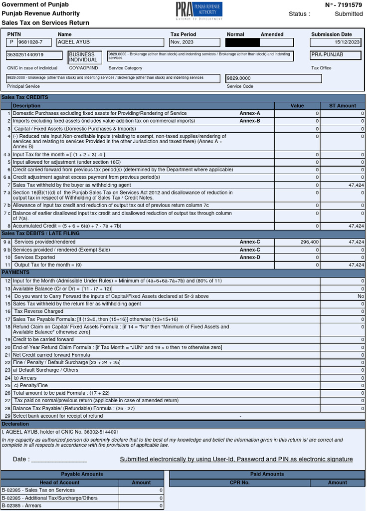 Ayub Traders Nov-23 Return PST | PDF | Taxes | Taxation