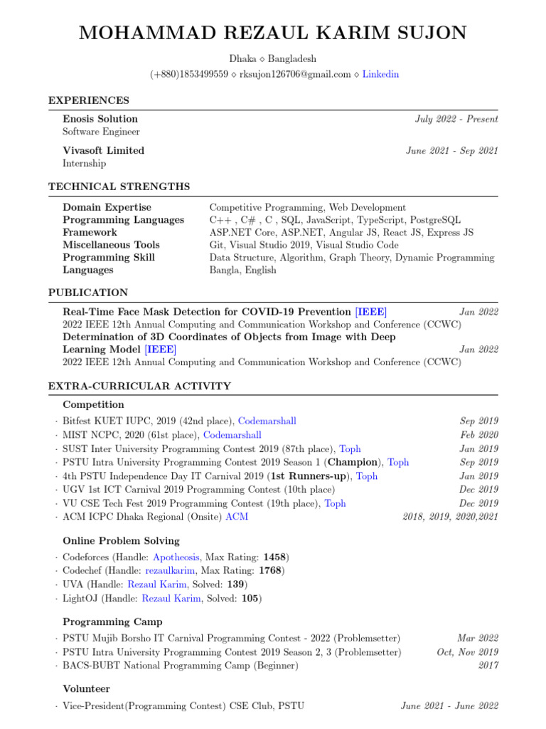 Resume Rezaul Karim Sujon | PDF | Computer Programming | Computing