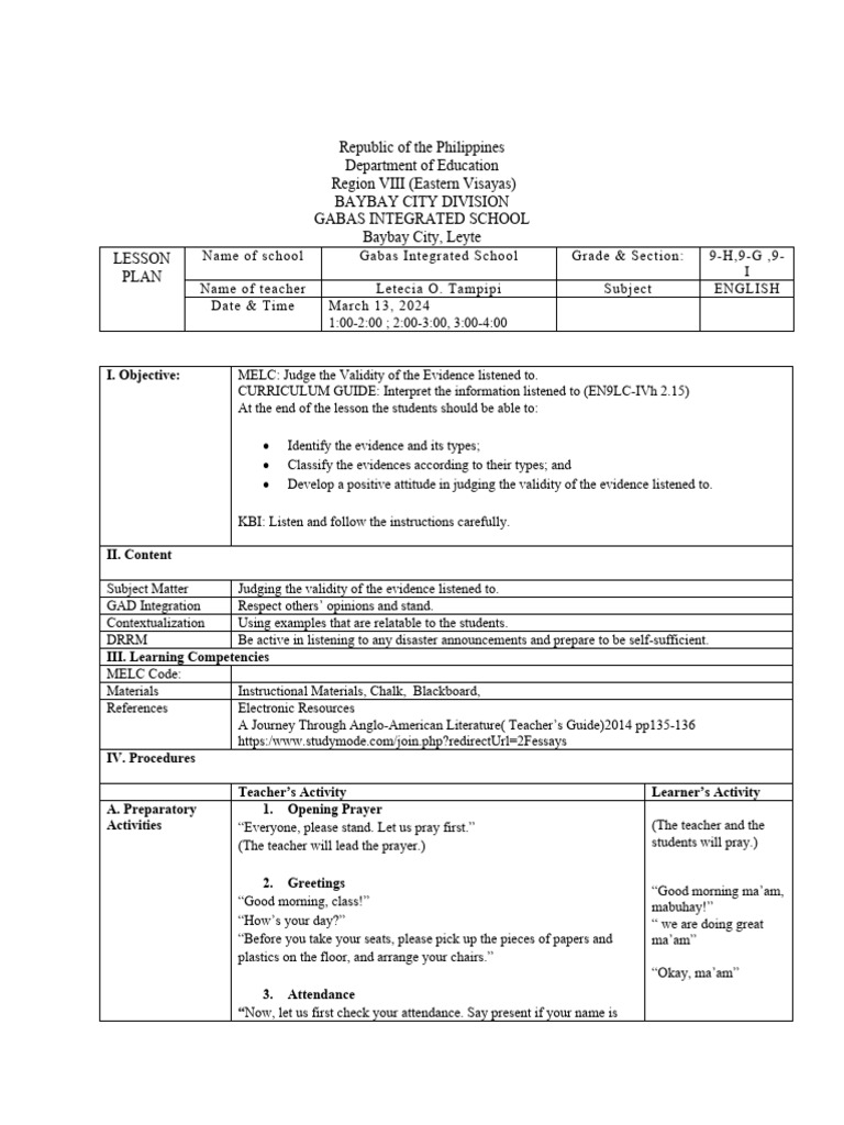 lesson plan in English 9 | PDF | Evidence | Experience