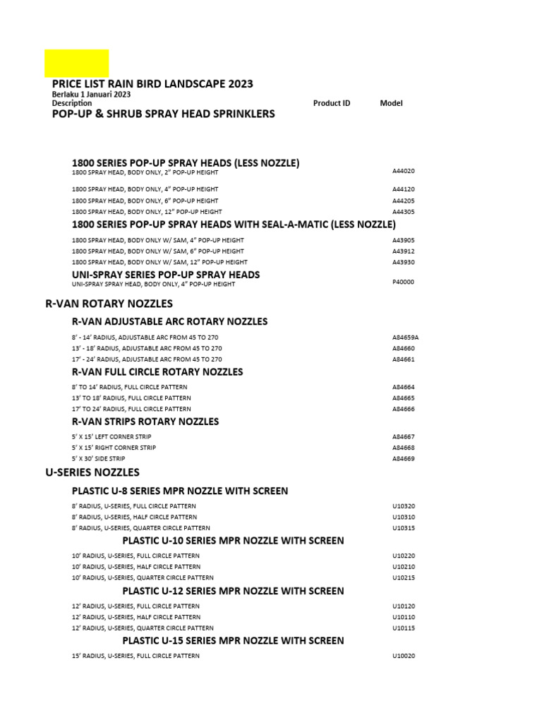 Rain Bird Landscape Price List 2023 | PDF | Valve | Equipment