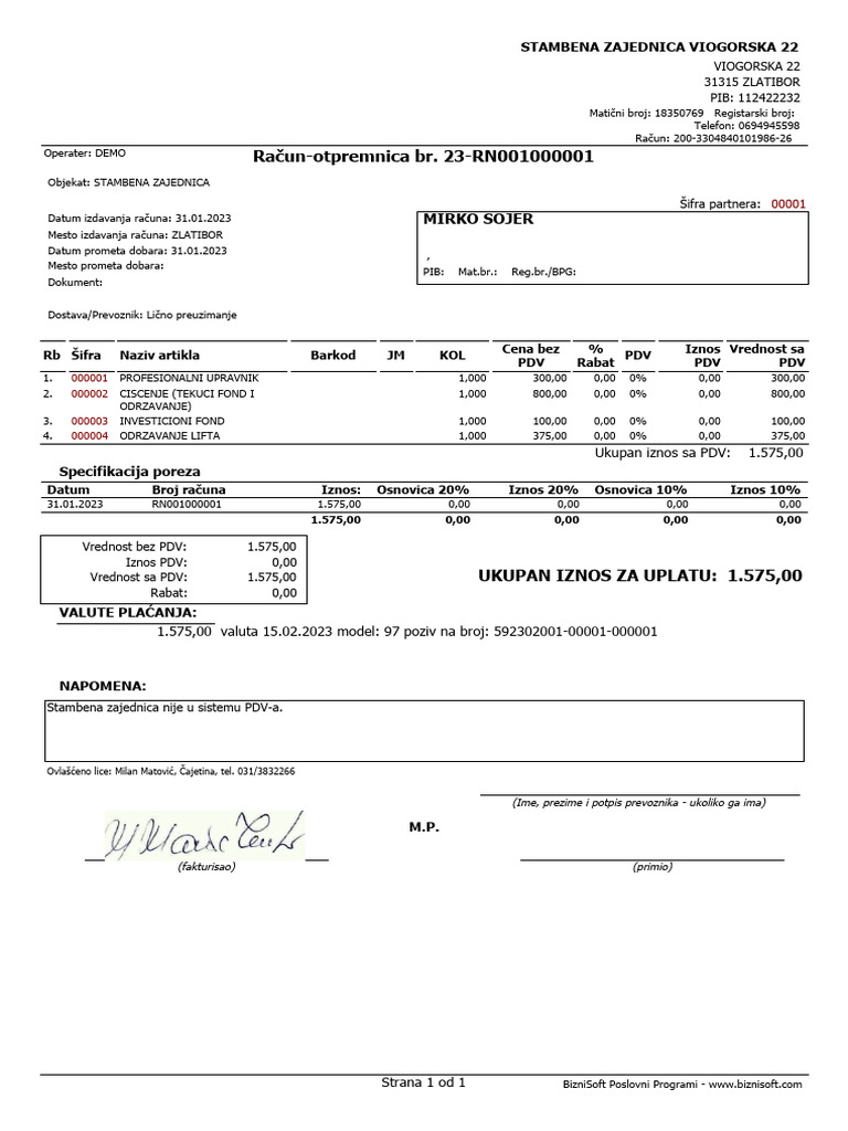 Račun-Otpremnica Br. 23-RN001000001: Mirko Sojer | PDF