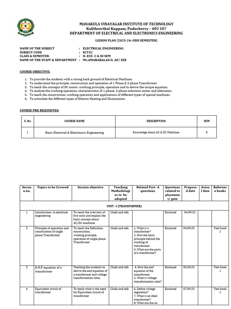 Ee - Sec-C-Lesson Plan | PDF | Electric Motor | Transformer