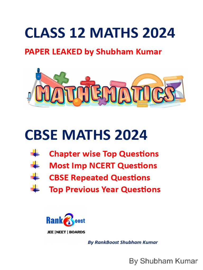 Class 12 MATHS Important Questions - Watermark | PDF | Odds | Mathematics