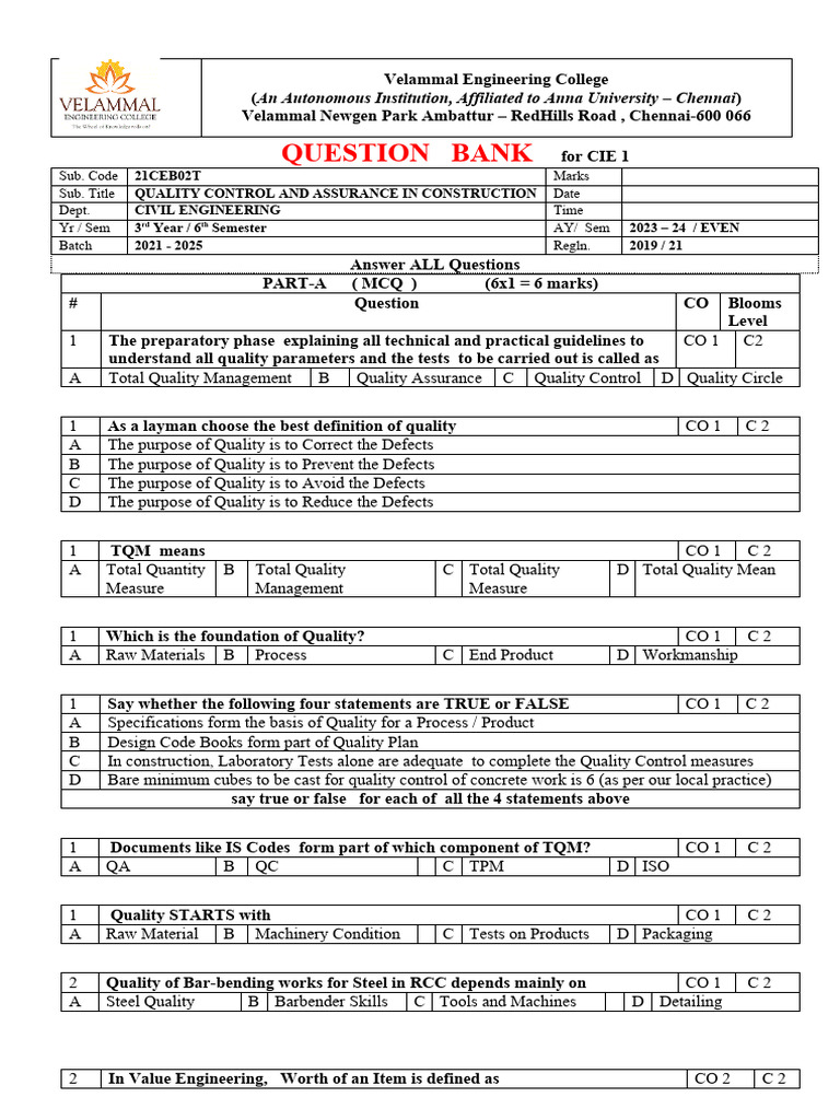 QA QC Ques BANK CIE 1 | PDF | Quality Assurance | Quality Management System