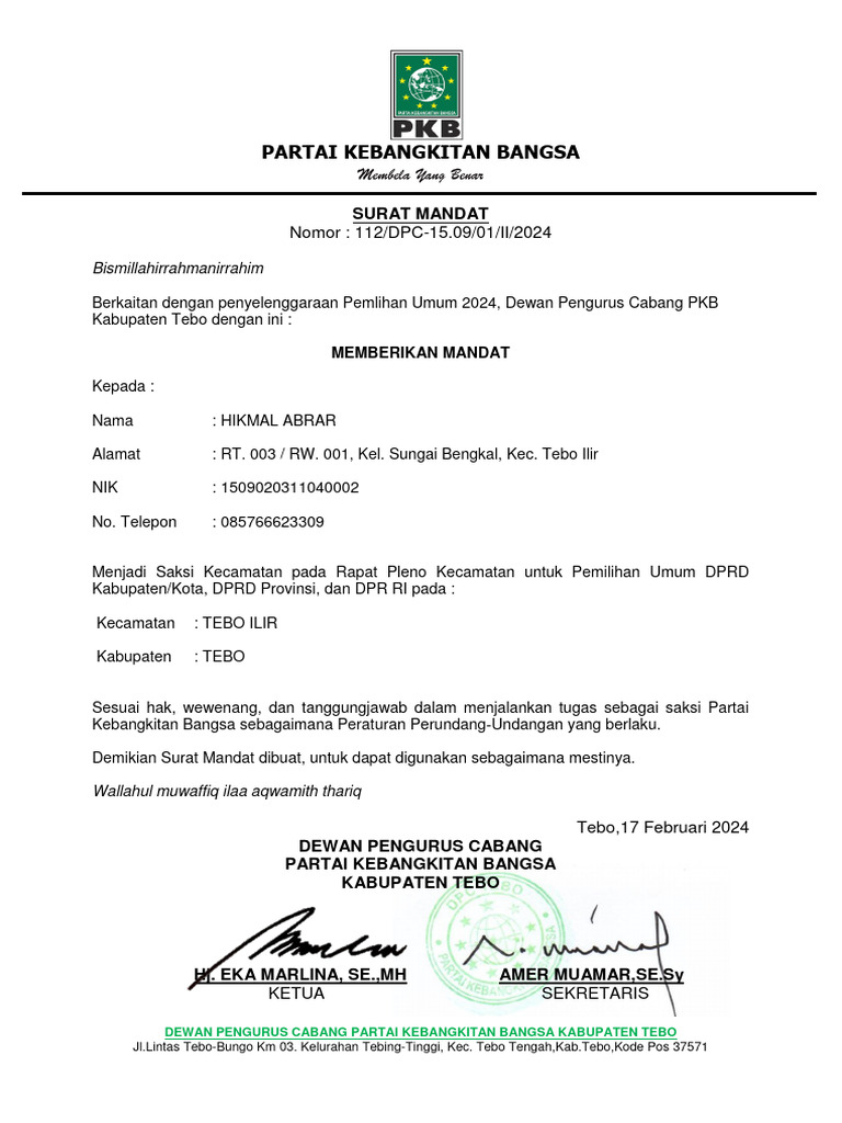 Surat Mandat Saksi PKB Tebo Ilir | PDF | Pengelolaan Keuangan & Uang