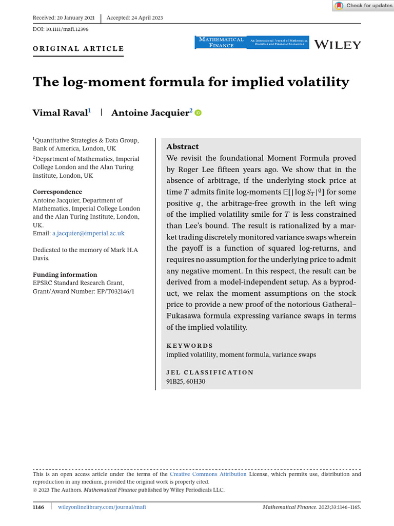 Log-Moment Formula for Implied Volatility | PDF | Option (Finance) | Function (Mathematics)
