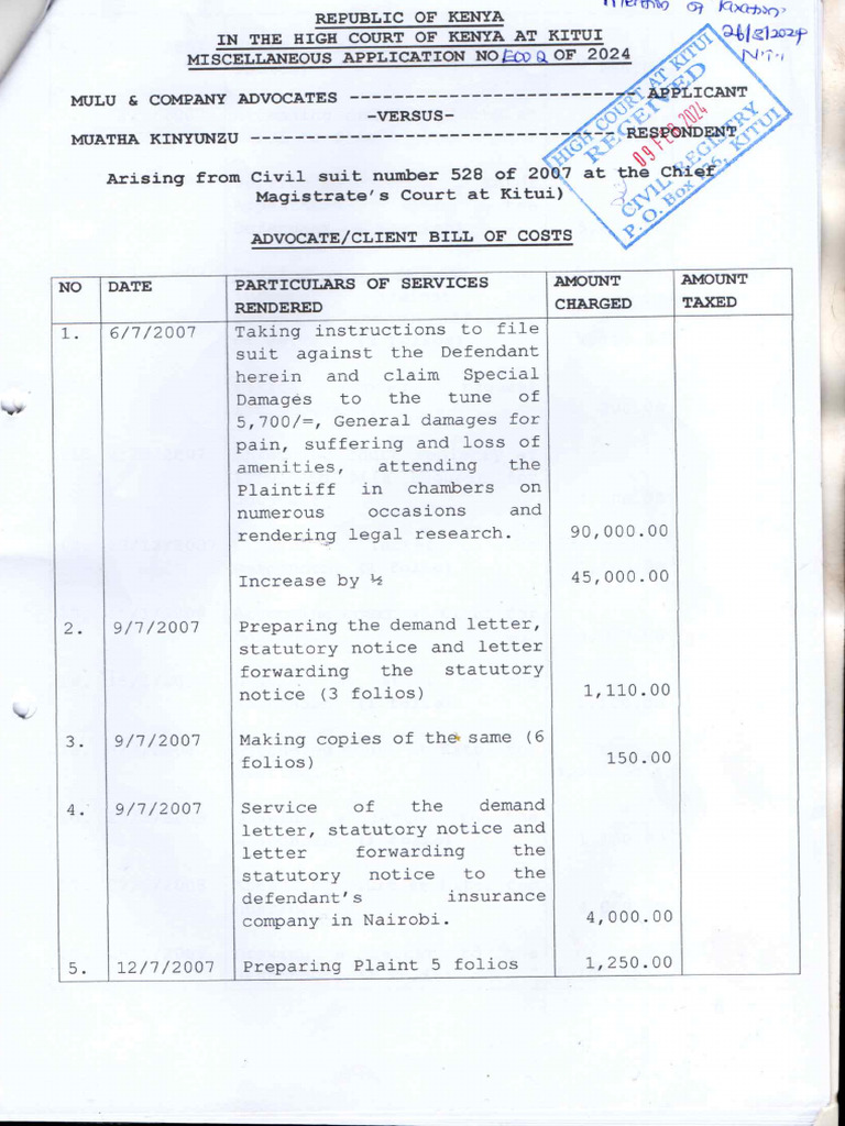 HC, Misc Appl. No. 2 of 2024 - Advocate Clients Bill of Costs and List of Documents | PDF