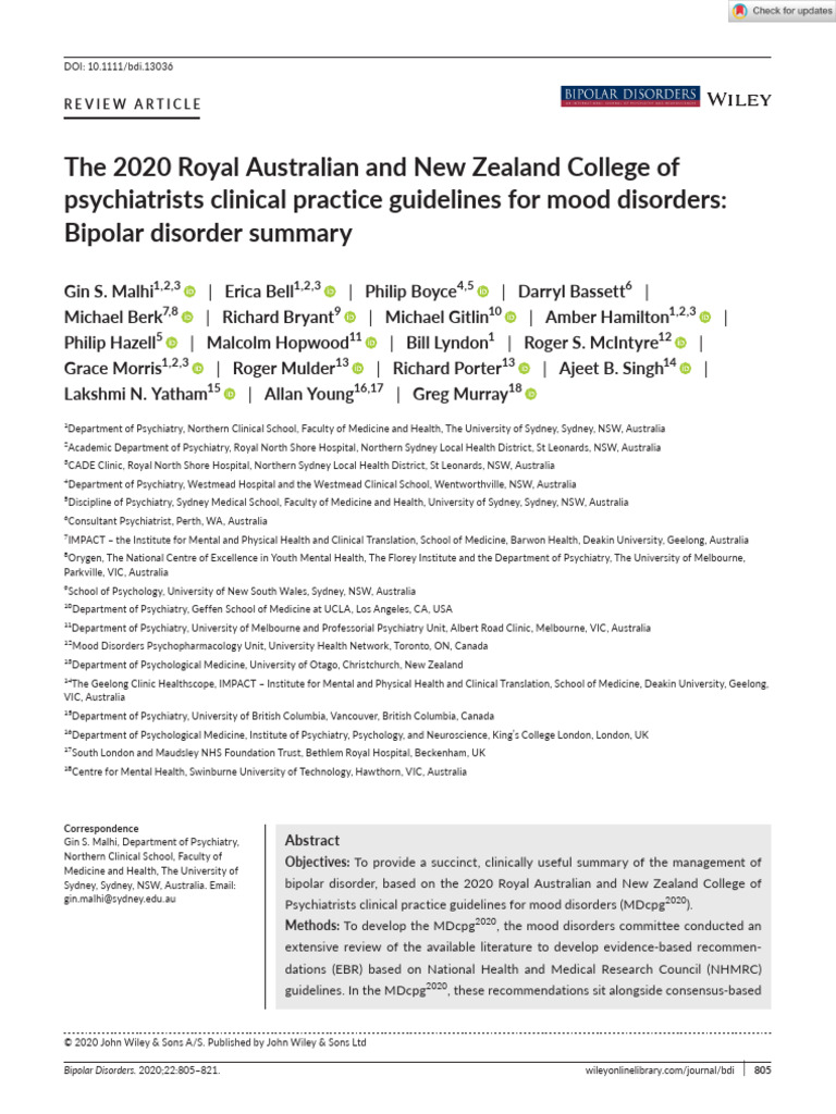 2020 Guidelines Summary for Bipolar Disorder | PDF | Bipolar Disorder ...