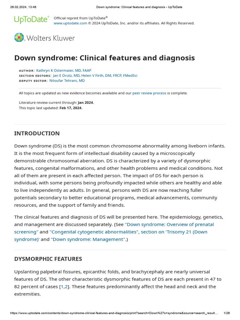 Down Syndrome - Clinical Features and Diagnosis - UpToDate | PDF ...